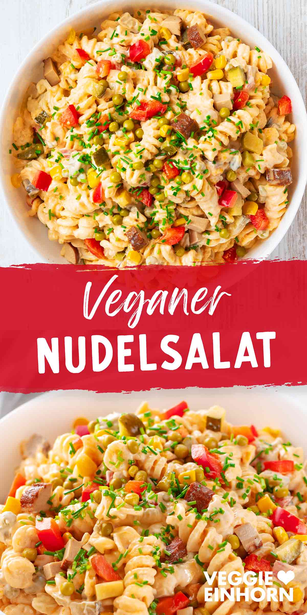 Veganer Nudelsalat mit Mayo, Räuchertofu, Erbsen und Mais